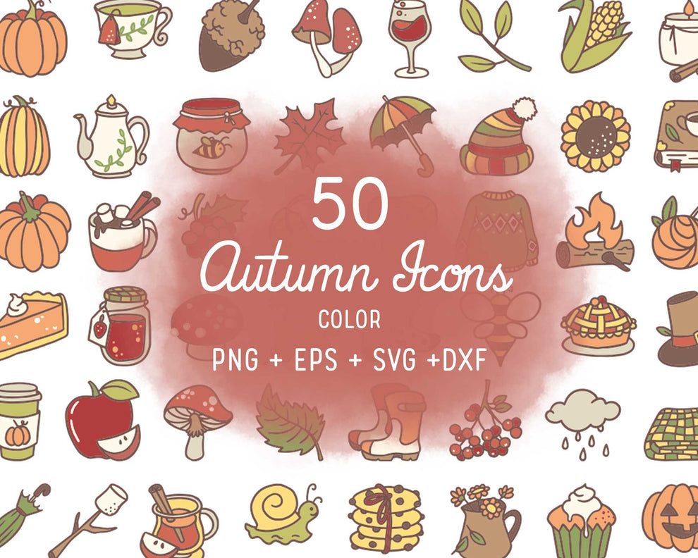 50 Fall Icons COLOR Bundle - EPS, SVG, DXF, PNG Clipart - Instant Down ...