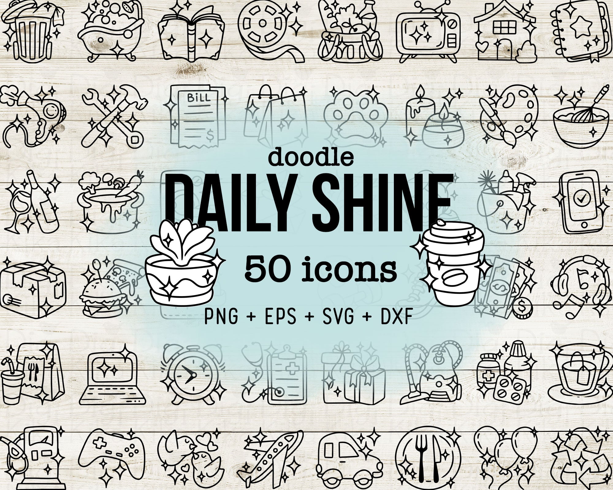 50 Daily Shine Icons DOODLE - EPS, SVG, DXF, PNG Clipart - Instant Dow ...