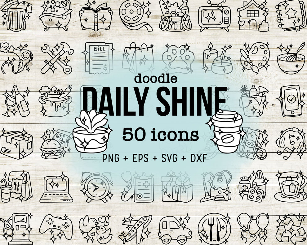 50 Daily Shine Icons DOODLE - EPS, SVG, DXF, PNG Clipart - Instant Dow ...