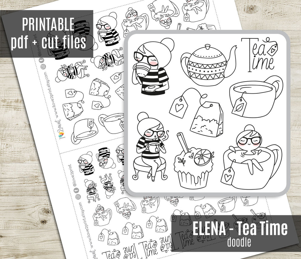 Elena Tea Time – Cute Doodle Printable Planner Sticker - PDF & Cut Fil ...