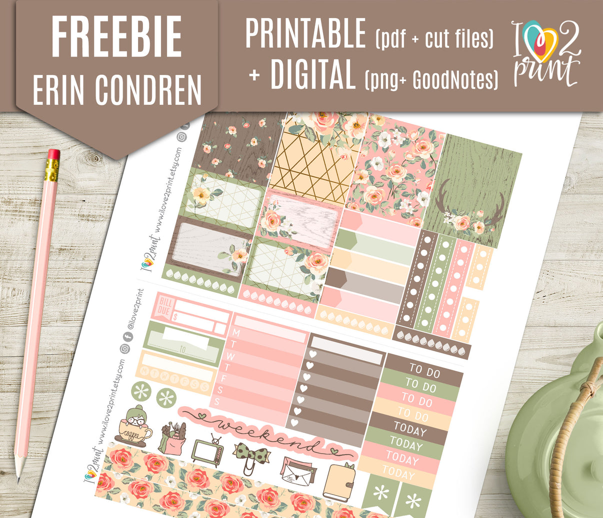 FREEBIE Country Roses Weekly Set - Printable Planner Stickers - Pdf ...