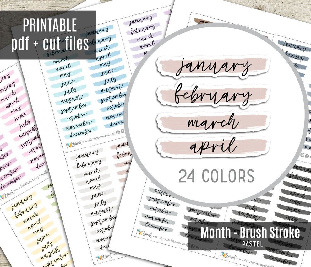 Month Headers Brush Stroke Pastel Color Stickers - Printable Month Ban ...