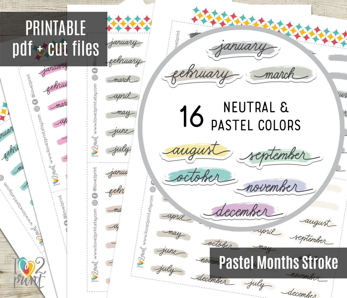 Printable Pastel Month Stickers – Stroke Style, PDF & Cut Files ...