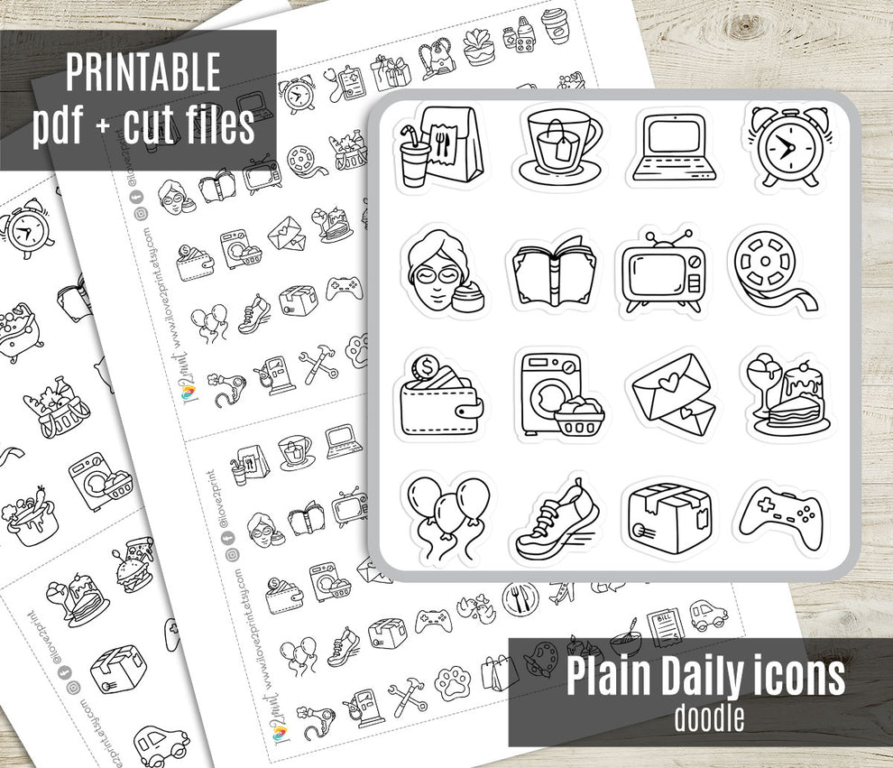 50 Plain Daily Life Printable Icons Stickers – DOODLE Planner Icons ...