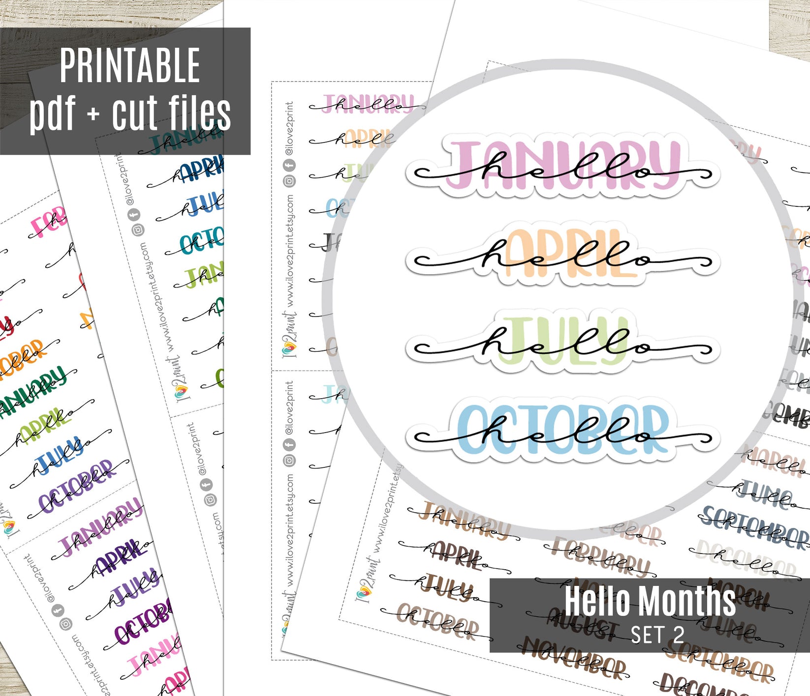 Mixed Hello Months Handlettered Stickers - Printable Month Banner - PD ...