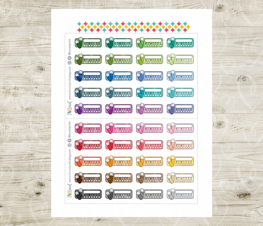 Medicine Tracker Printable Planner Stickers - Bold Colors - PDF & Cut ...