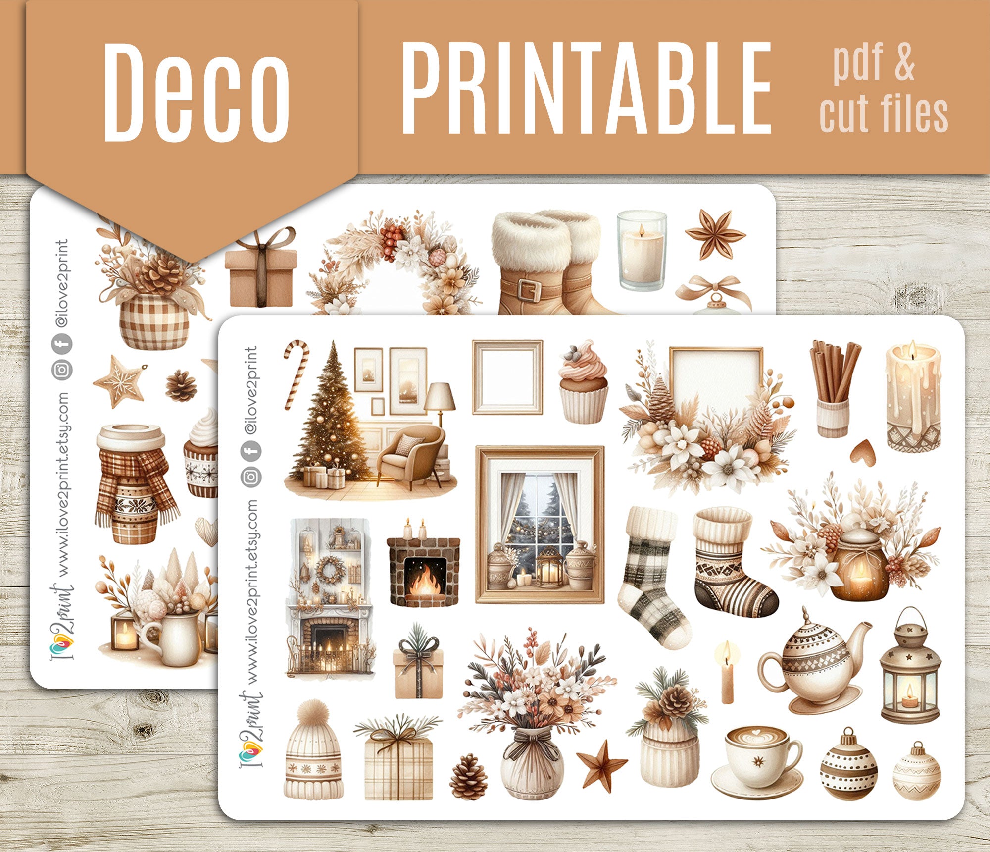 Neutral Christmas – Decorative Stickers – Printable PDF & Cut Files ...