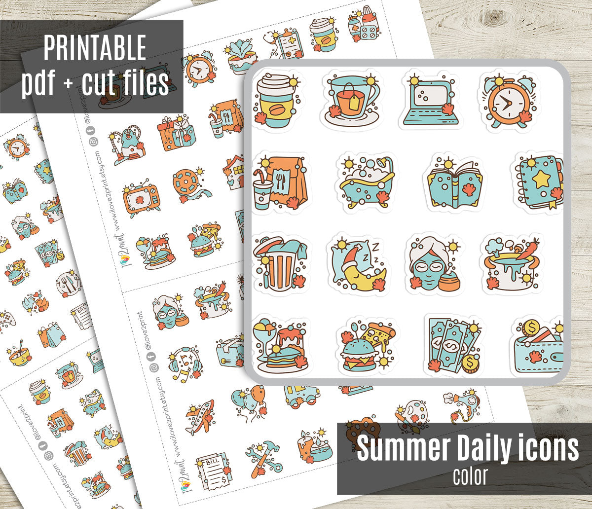 50 Summer - Daily Life Printable Icons Stickers – COLOR Planner Icons ...