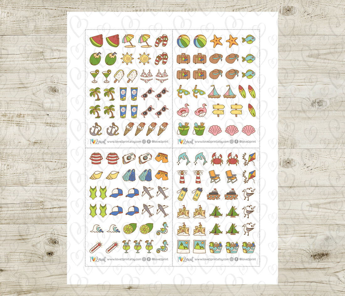 50 Summer Printable Icons Stickers – COLOR Planner Icons - PDF & Cut F ...
