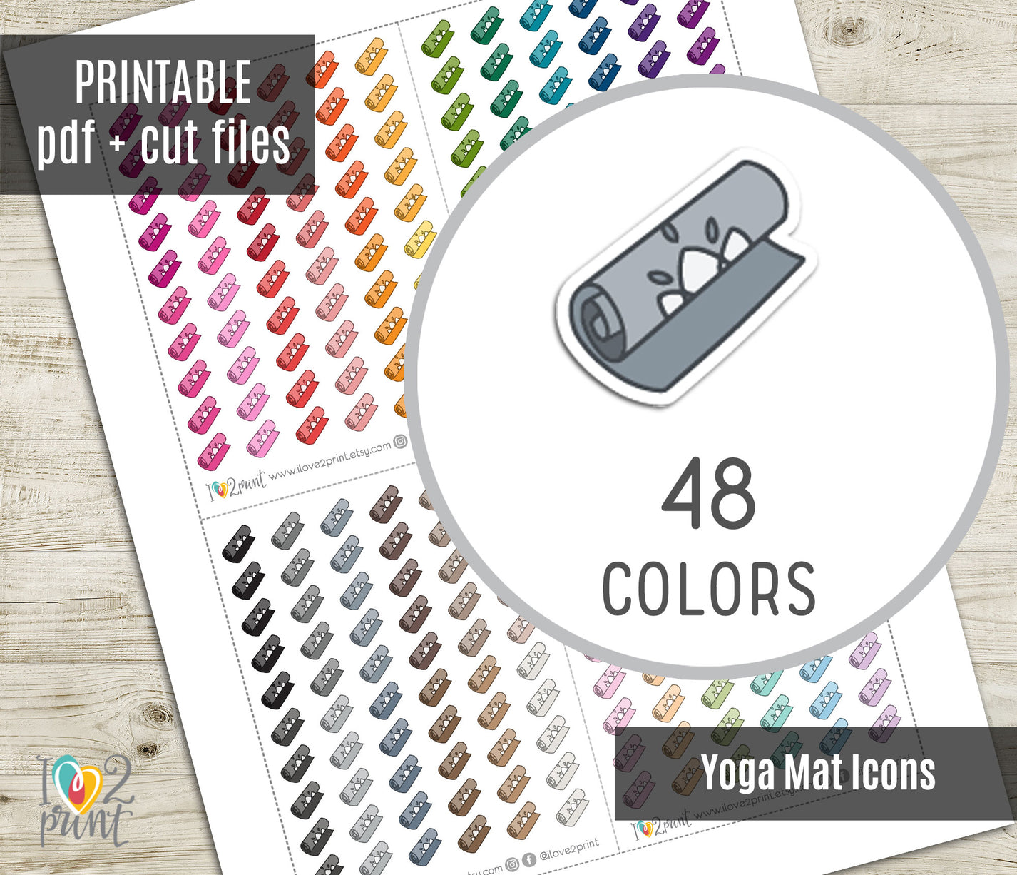 Yoga Mat Icons Stickers - Functional Printable Stickers - PDF & Cut Fi ...